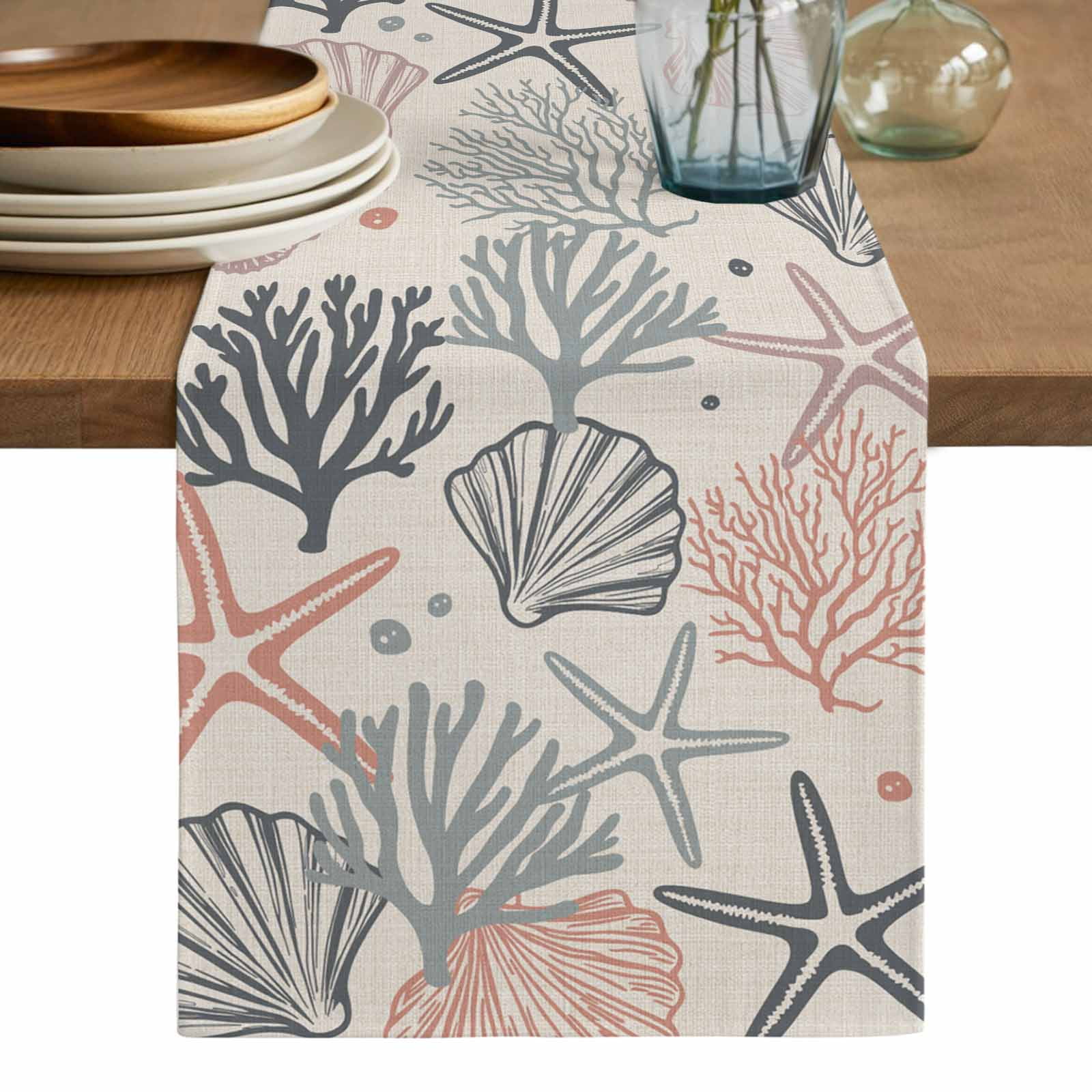 Coral Pink Grey Coastal Table Runner, Summer Beach Starfish Coral ...
