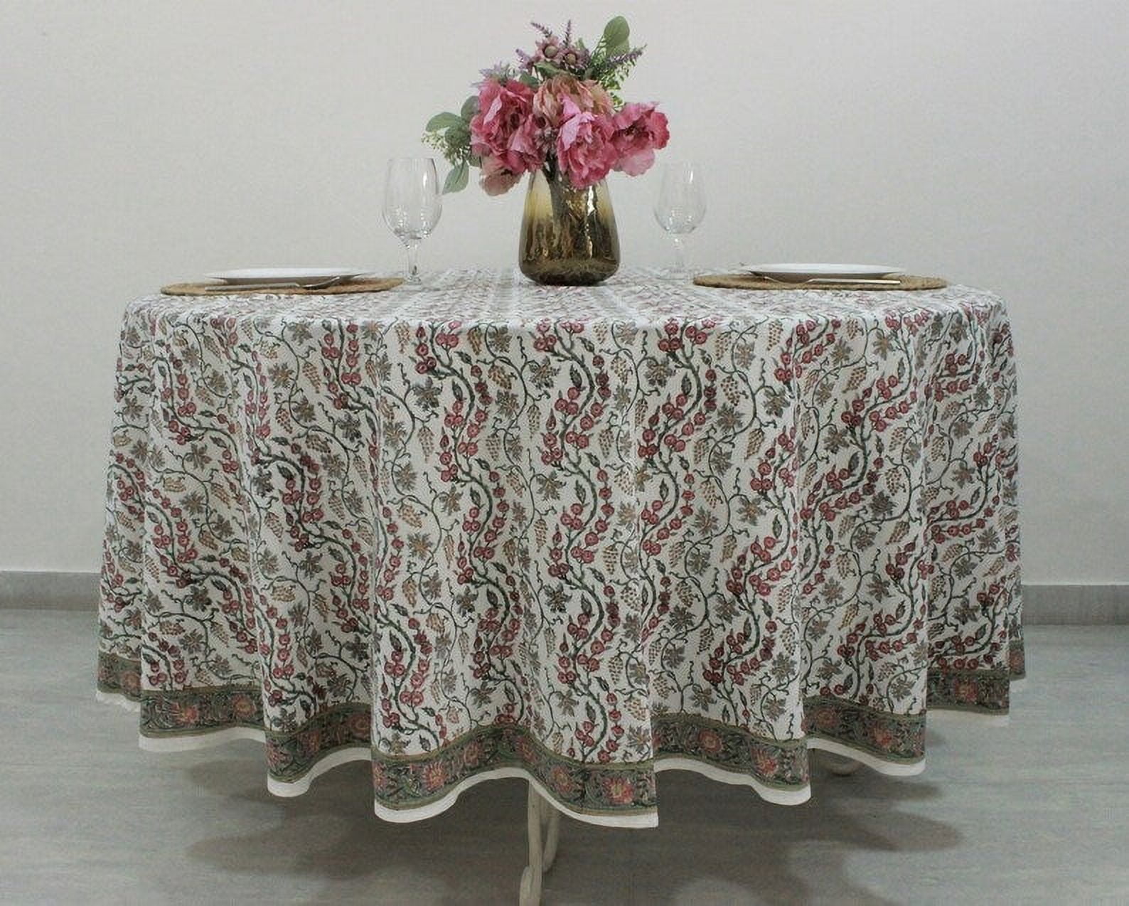 Coral Pink, Hunter Green Round Tablecloth, Indian Floral Block Print ...