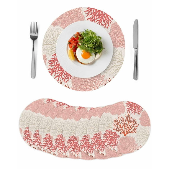 Coral Pink Red Round Table Placemats set of 8, Coastal Nautical Ocean ...