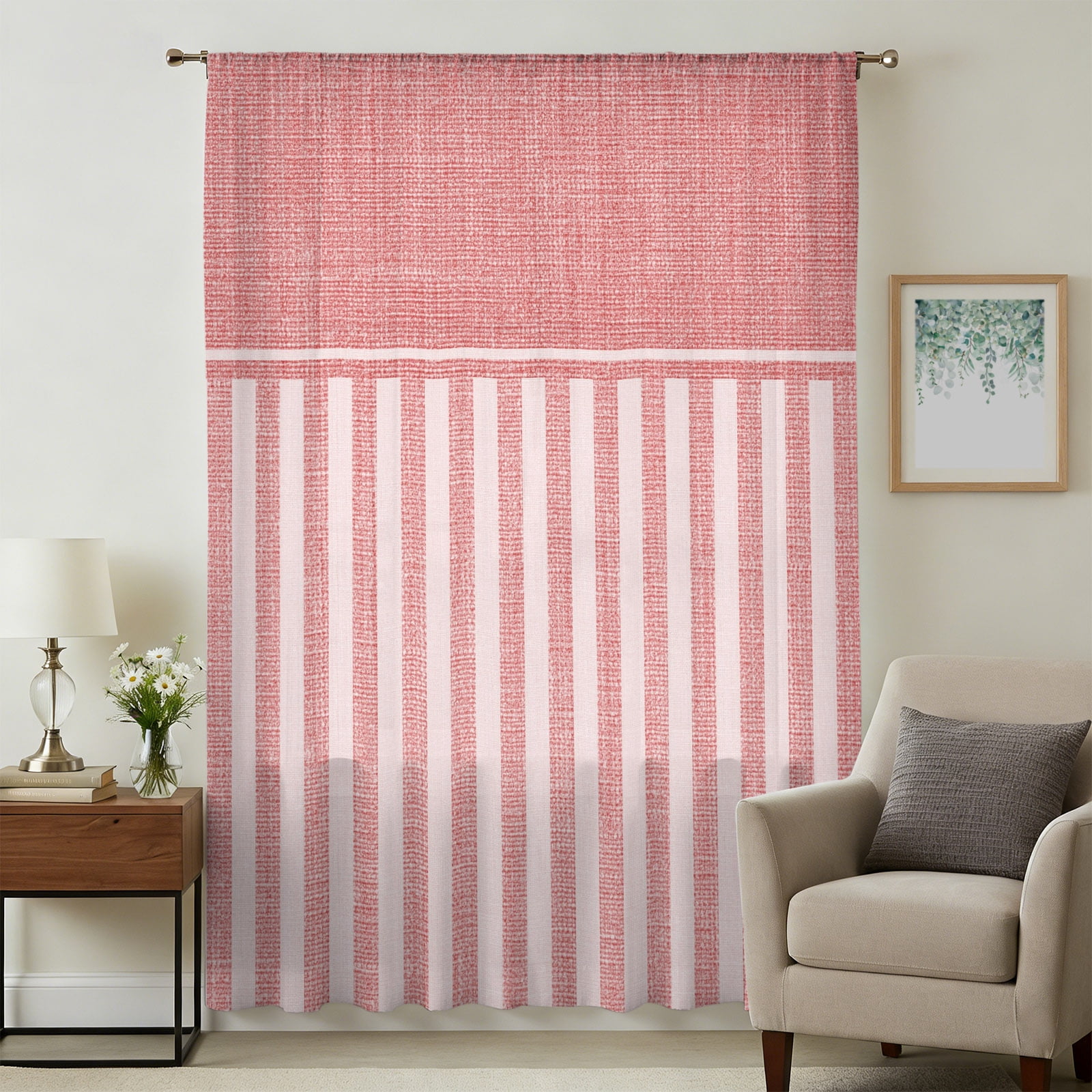 Coral Pink Striped Sheer Curtains 54 Inches Long, Boho Stripes ...