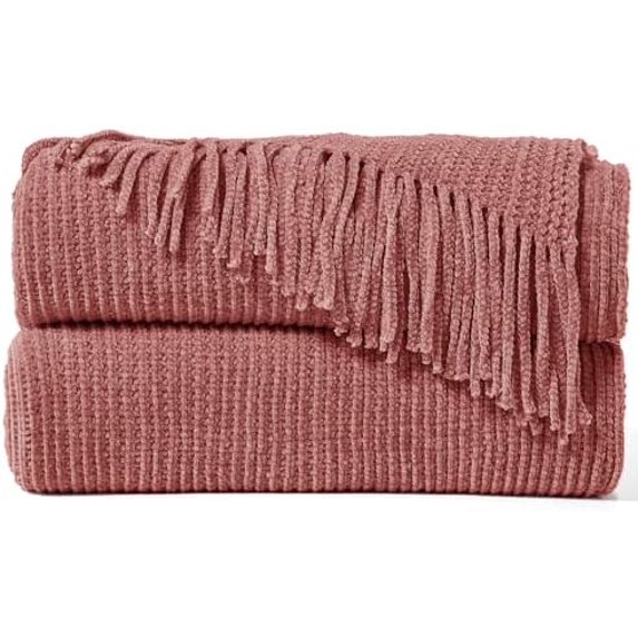 Coral Pink Throw Blanket for Couch Bed,Chunky Chenille Woven Soft Warm ...