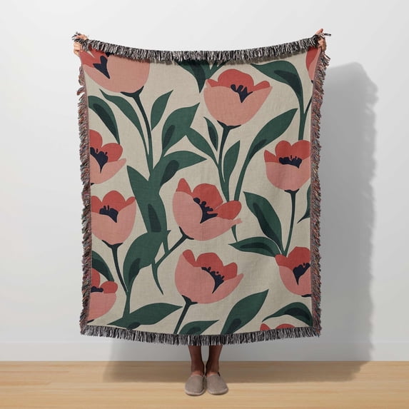Coral Pink and Dark Green Poppy Floral Woven Blanket, 100% Cotton ...