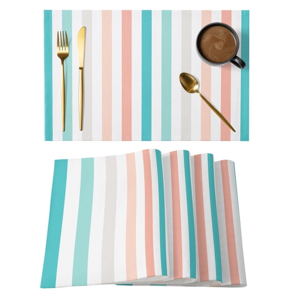 Coral Red Aqua Stripes Cotton Linen Placemats Set of 12, Minimalist ...