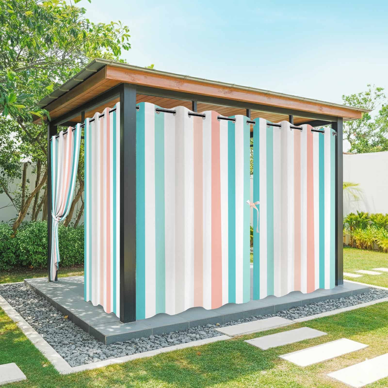 Coral Red Aqua Stripes Outdoor Curtains for Patio Waterproof ...