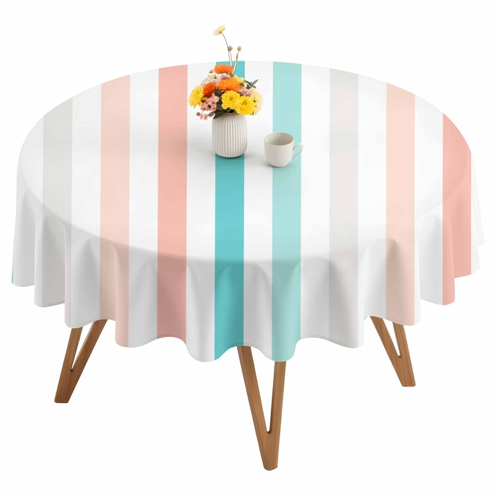 Coral Red Aqua Stripes Round Tablecloth 60 inches Minimalist Abstract ...