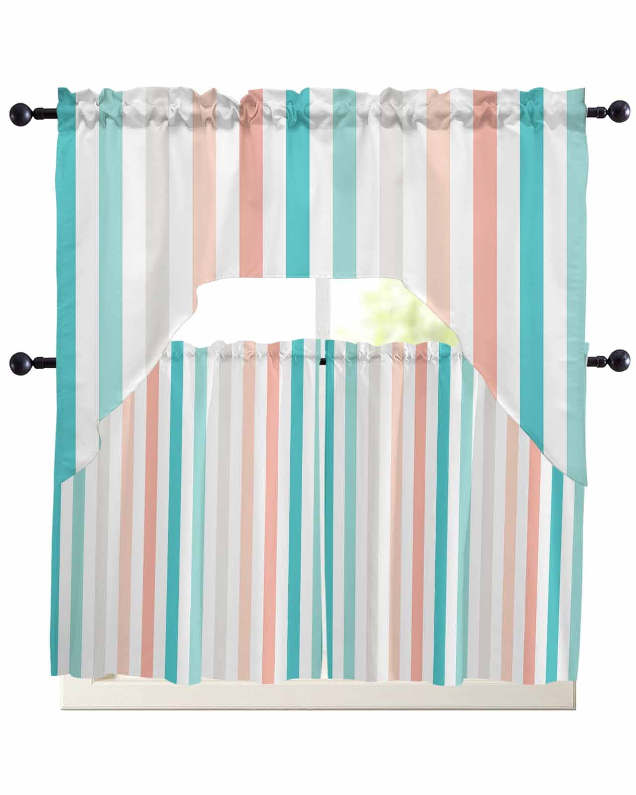 Coral Red Aqua Stripes Swag Valance and Tier Curtains Set Minimalist ...