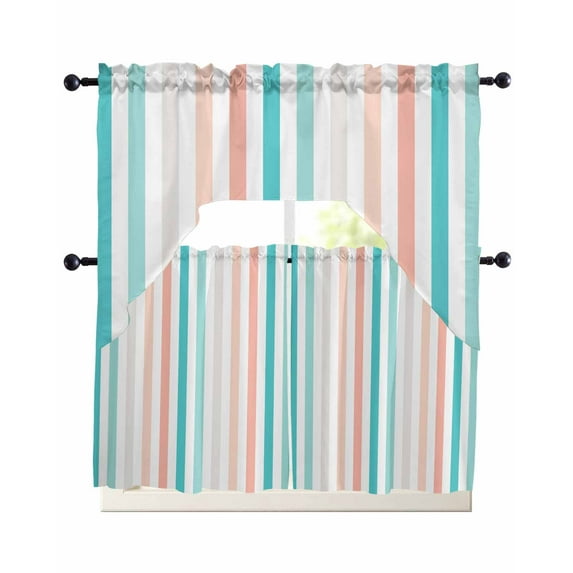 Coral Red Aqua Stripes Swag Valance and Tier Curtains Set Minimalist ...