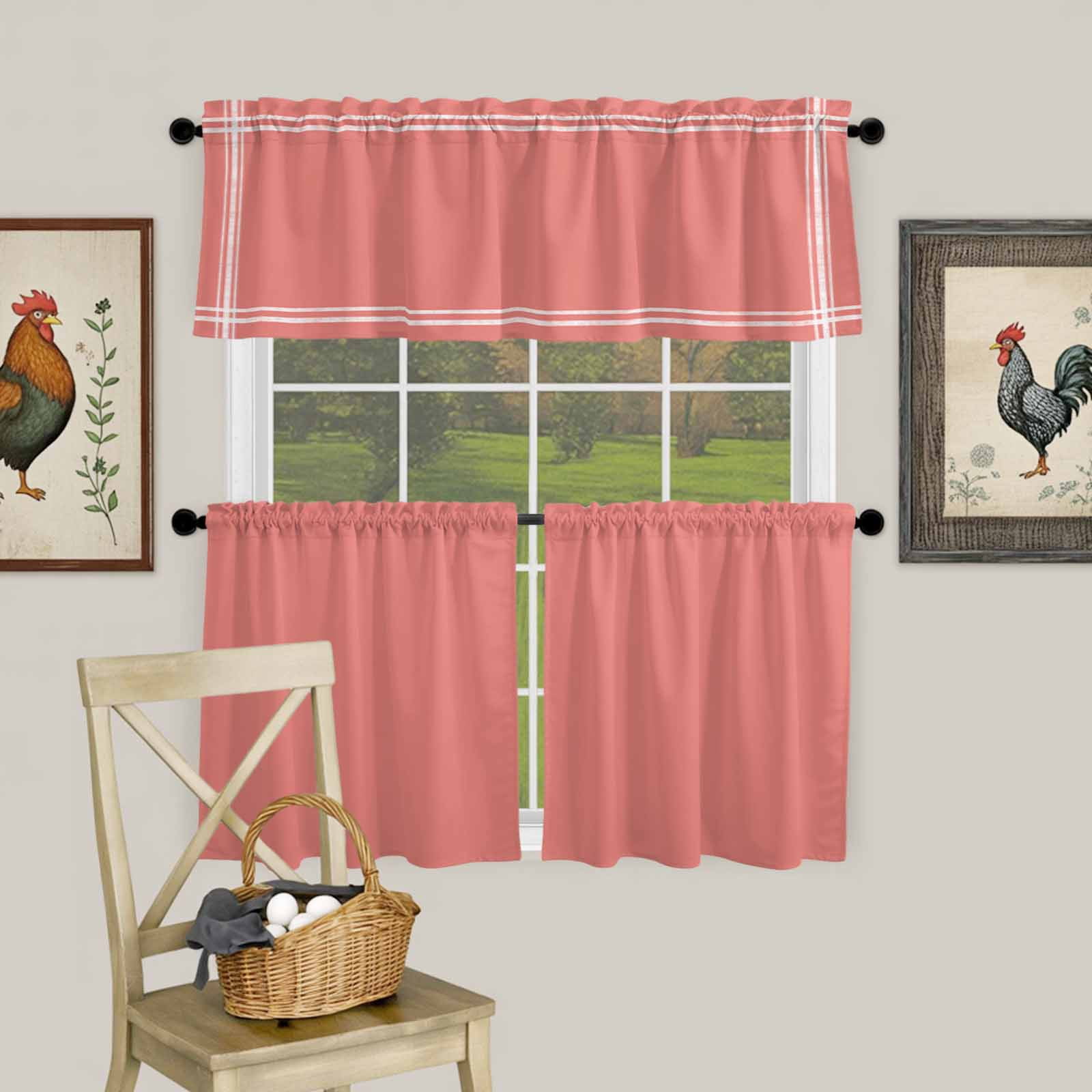 Coral Red Curtain Tier and Valance Set 3 Piece, Solid Color 3-inch Rod ...