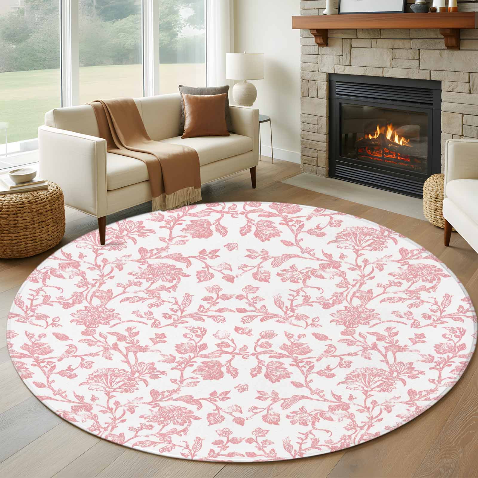 Coral Red Flower Round Rug 5ft Washable Circle Kitchen Rugs Non Slip ...
