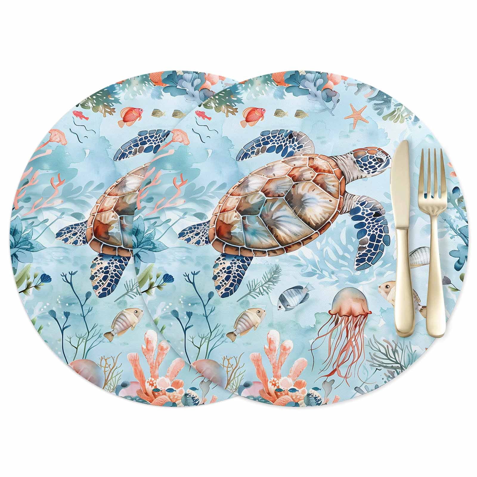 Coral Red Leather Placemats Set of 2, 12 Inch, Blue Ocean Sea Turtles ...