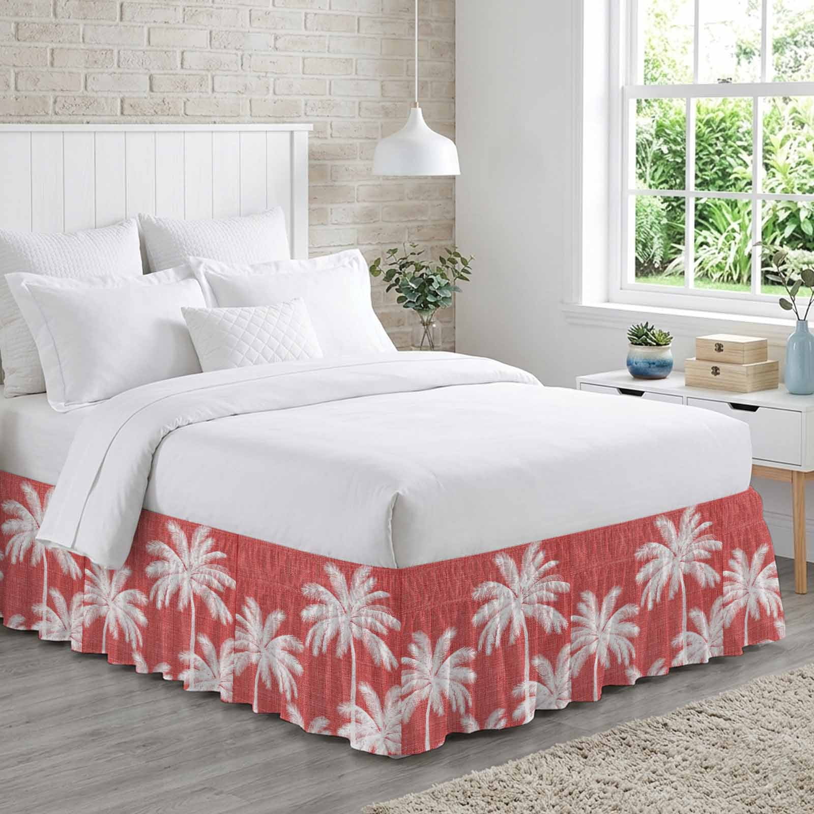 Coral Red Palm Trees Bed Skirt Queen Size 18 Inch Drop, Summer Beach ...