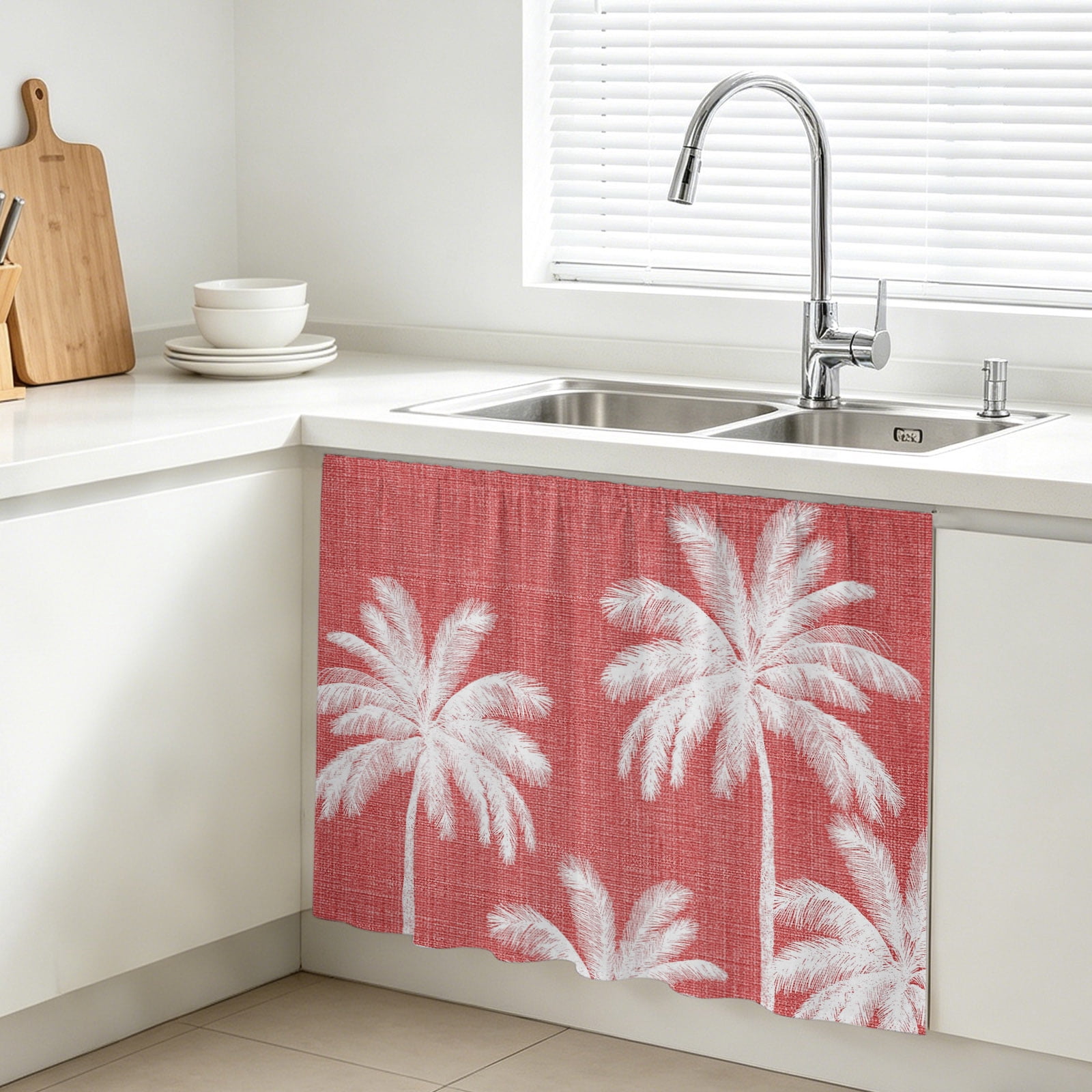 Coral Red Palm Trees Cabinet Curtain, Summer Beach Tropical Farmhouse ...