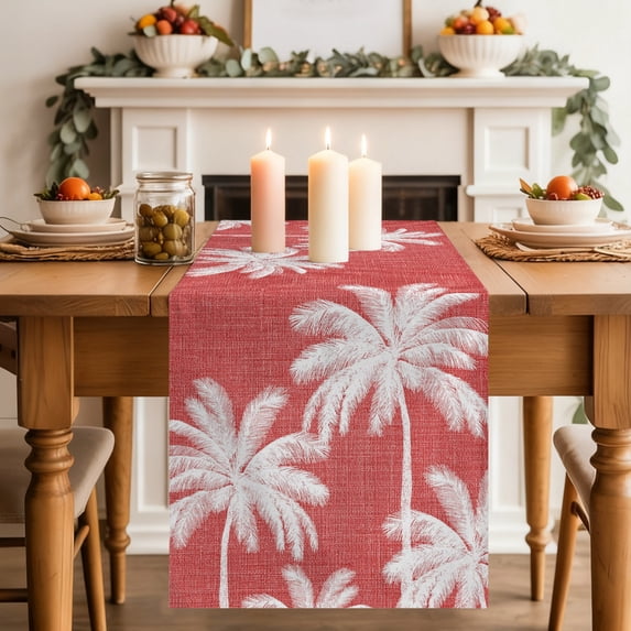 Coral Red Palm Trees Dining Table Runner, Summer Beach Tropical ...