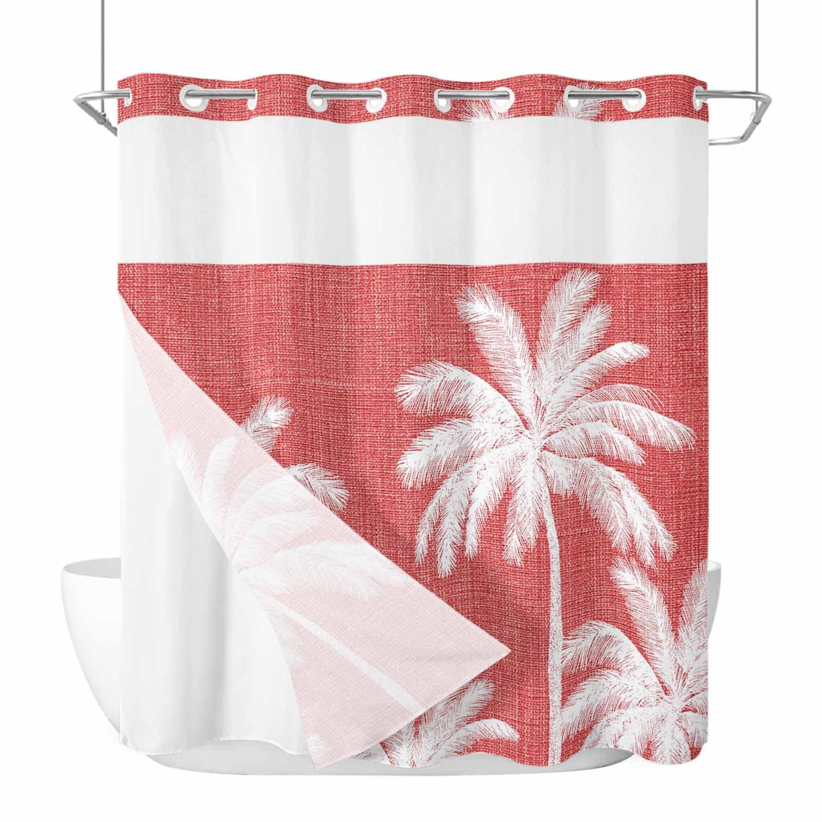Coral Red Palm Trees No Hook Shower Curtain with Snap in Liner, Summer ...