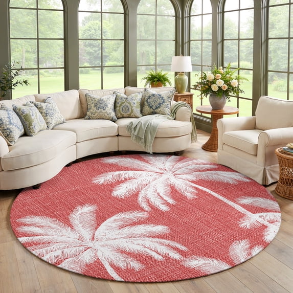 Coral Red Palm Trees Round Area Rug 5 Ft, Nonslip Living Room Rug Soft ...