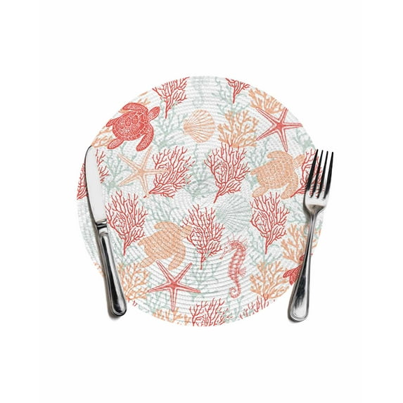 Coral Red Pastel Aqua Coastal Round Table Placemats 1 pc, Ocean Animals ...