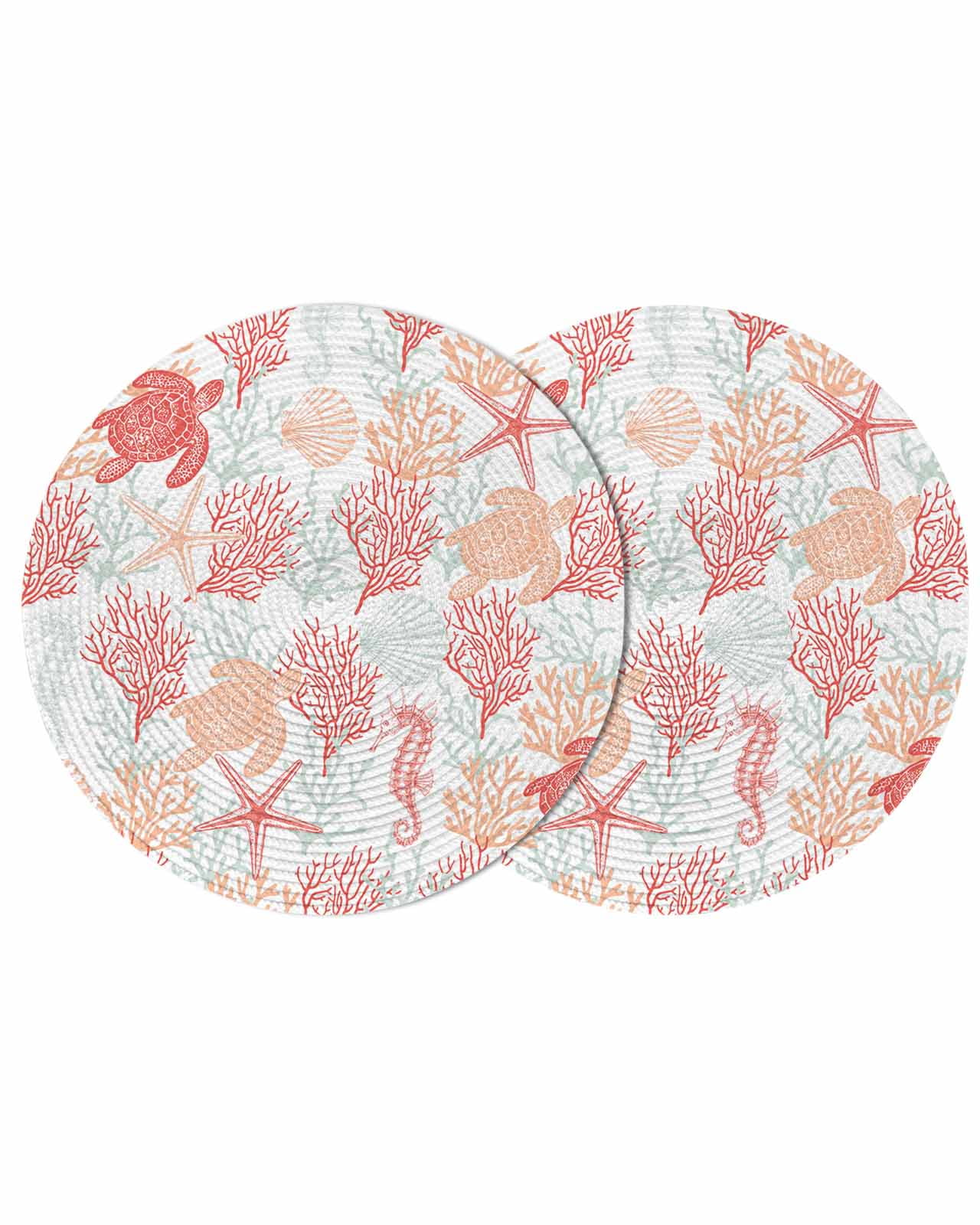 Coral Red Pastel Aqua Coastal Round Table Placemats set of 2, Ocean ...