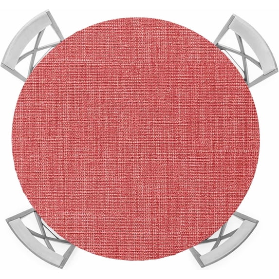 Coral Red Round Fitted Tablecloth with Elastic Edge, Farmhouse Burlap ...