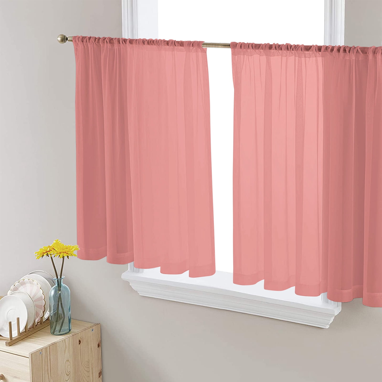 Coral Red Sheer Curtains 54 Inches Length 2 Panels Set, Window Sheer ...