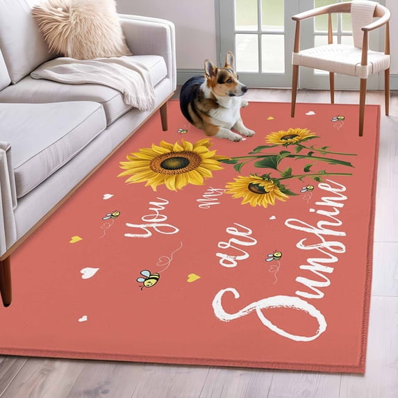 Coral Red Sunshine Sunflower Area Rug 4x6 Washable Rug Non Slip ...
