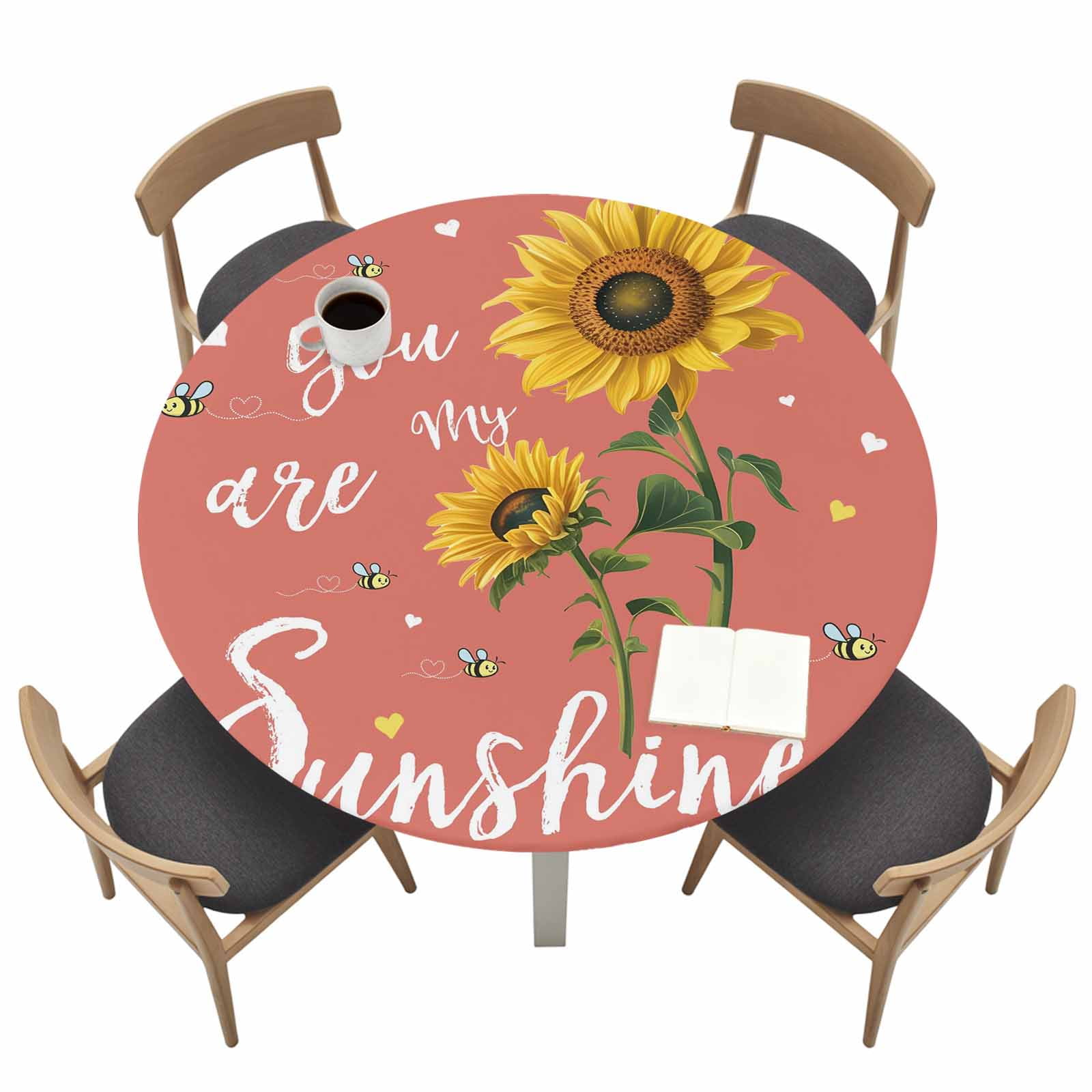 Coral Red Sunshine Sunflower Fitted Tablecloth with Elastic Edged ...