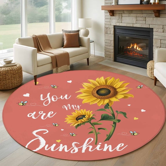 Coral Red Sunshine Sunflower Round Rug 7ft Washable Circle Rugs Non ...