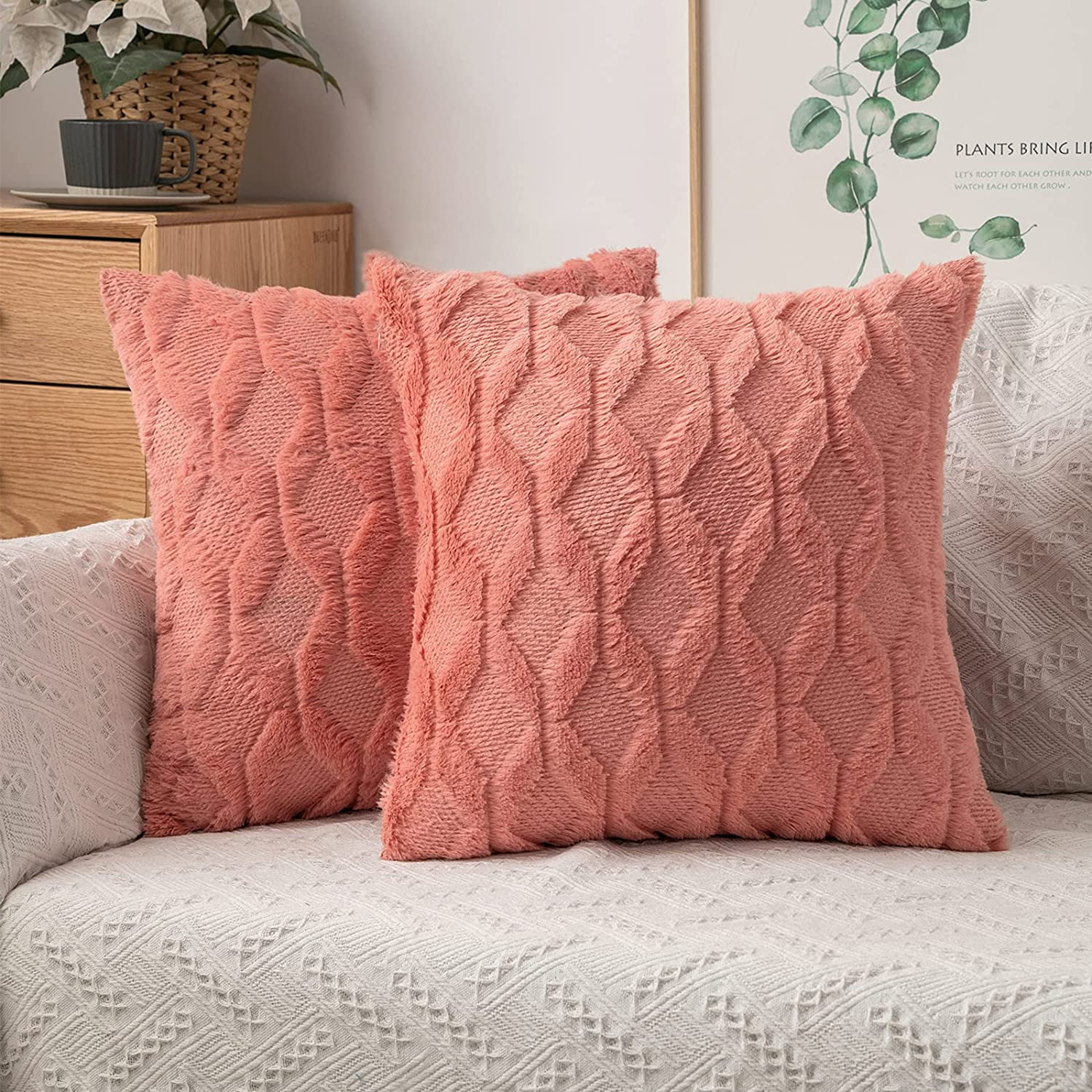 Coral Red Throw Pillow Covers 18x18 Set of 2 Soft Plush Wool Decorative ...