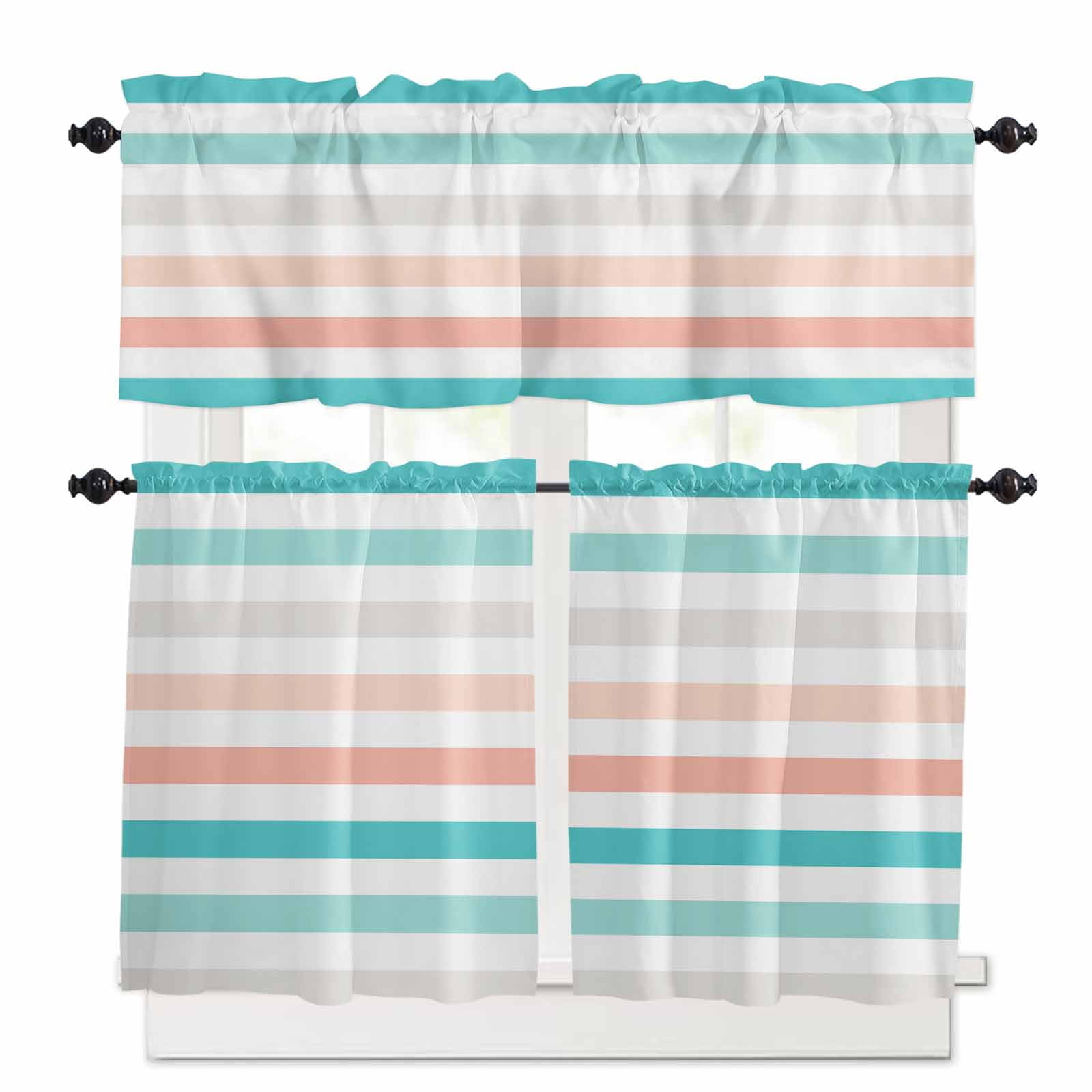 Coral Red Turquoise Striped Kitchen Curtains Valance and Tier Set ...
