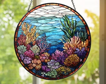Coral Reef Glass Suncatcher – Ocean Underwater Window Hanging, Colorful ...