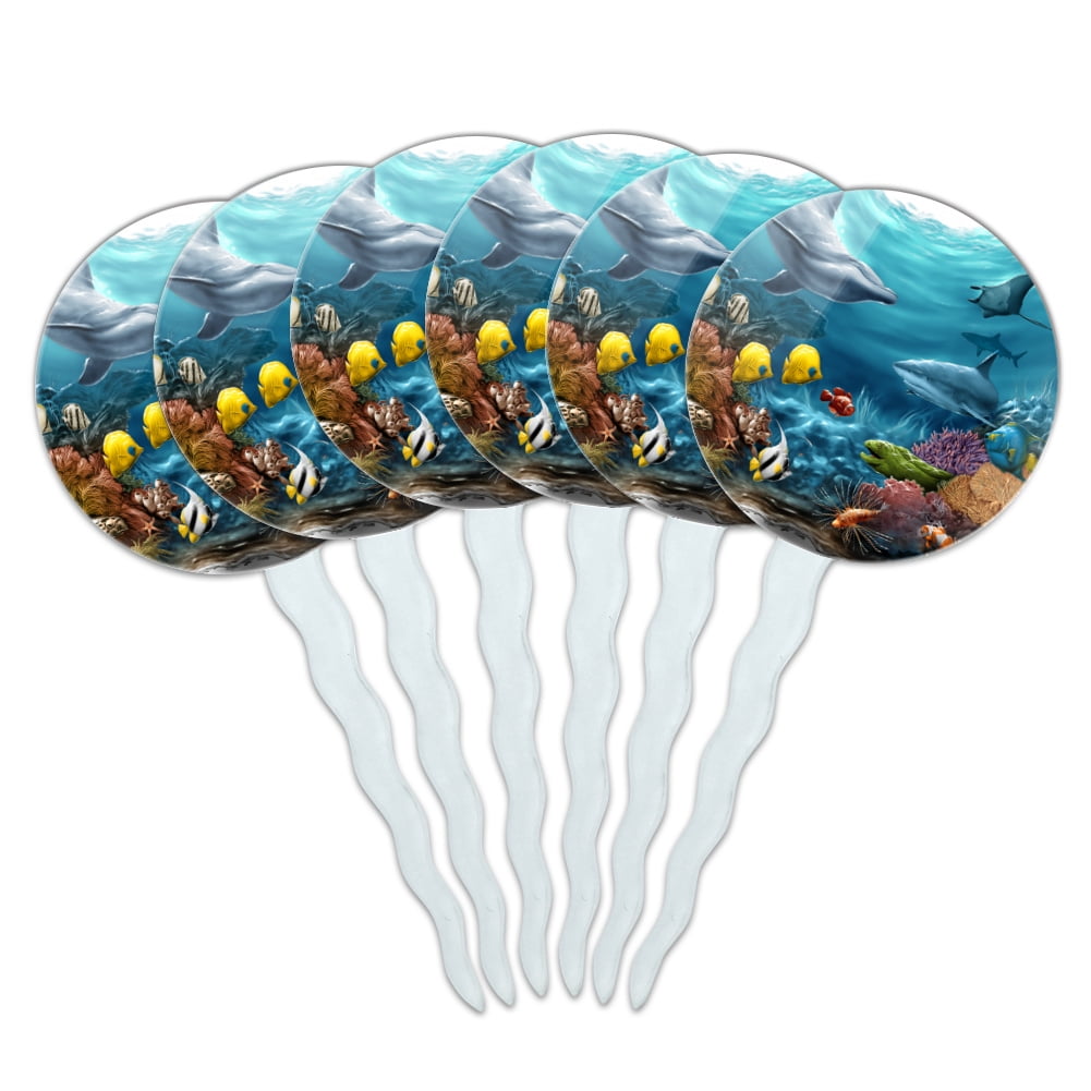 Coral Reef Ocean Scene Dolphin Turtle Shark Stingray Fish Cupcake Picks ...