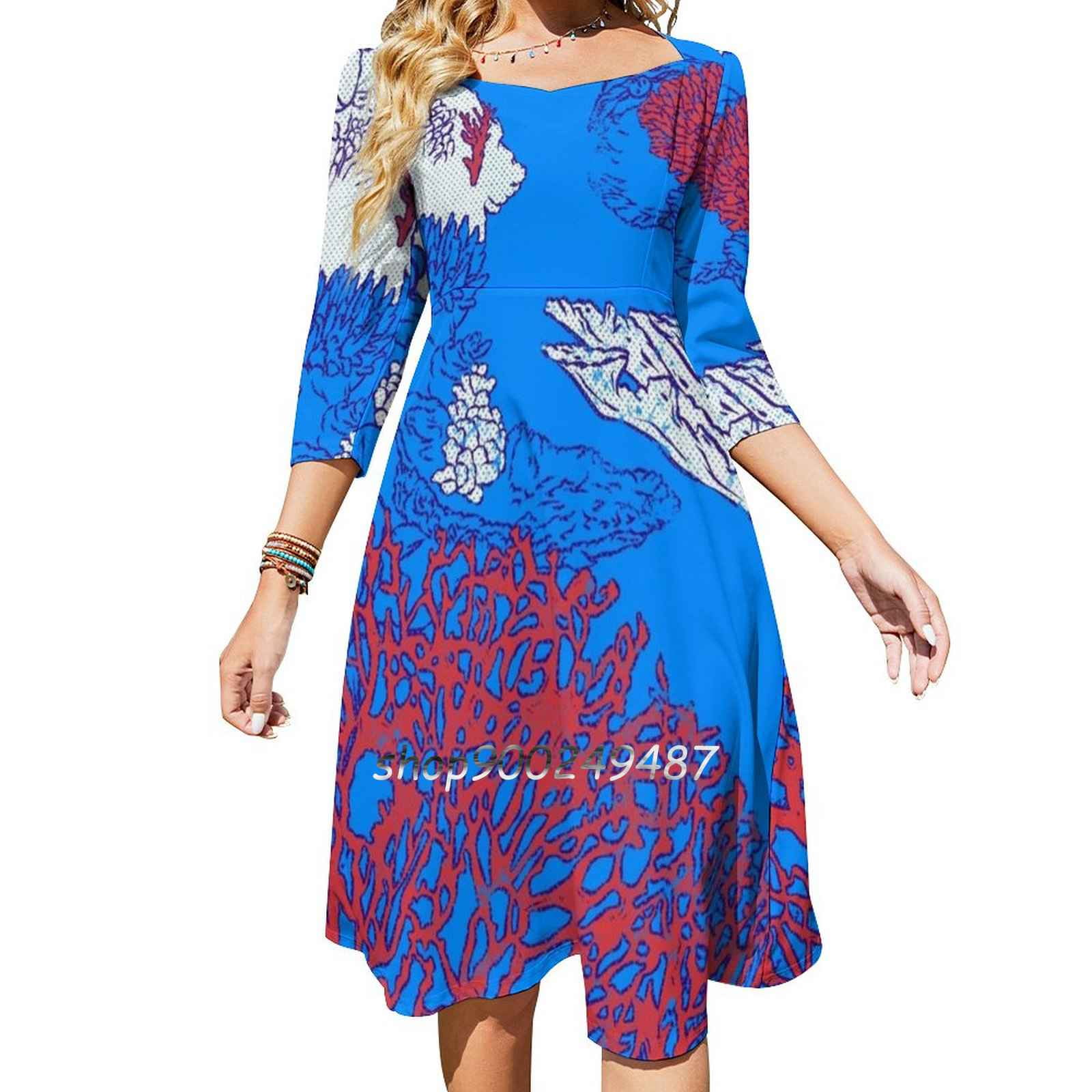 Coral Reef Square Neck Dress Cute Loose Print Dresses Elegant Beach Party Dress Corals Coral ...