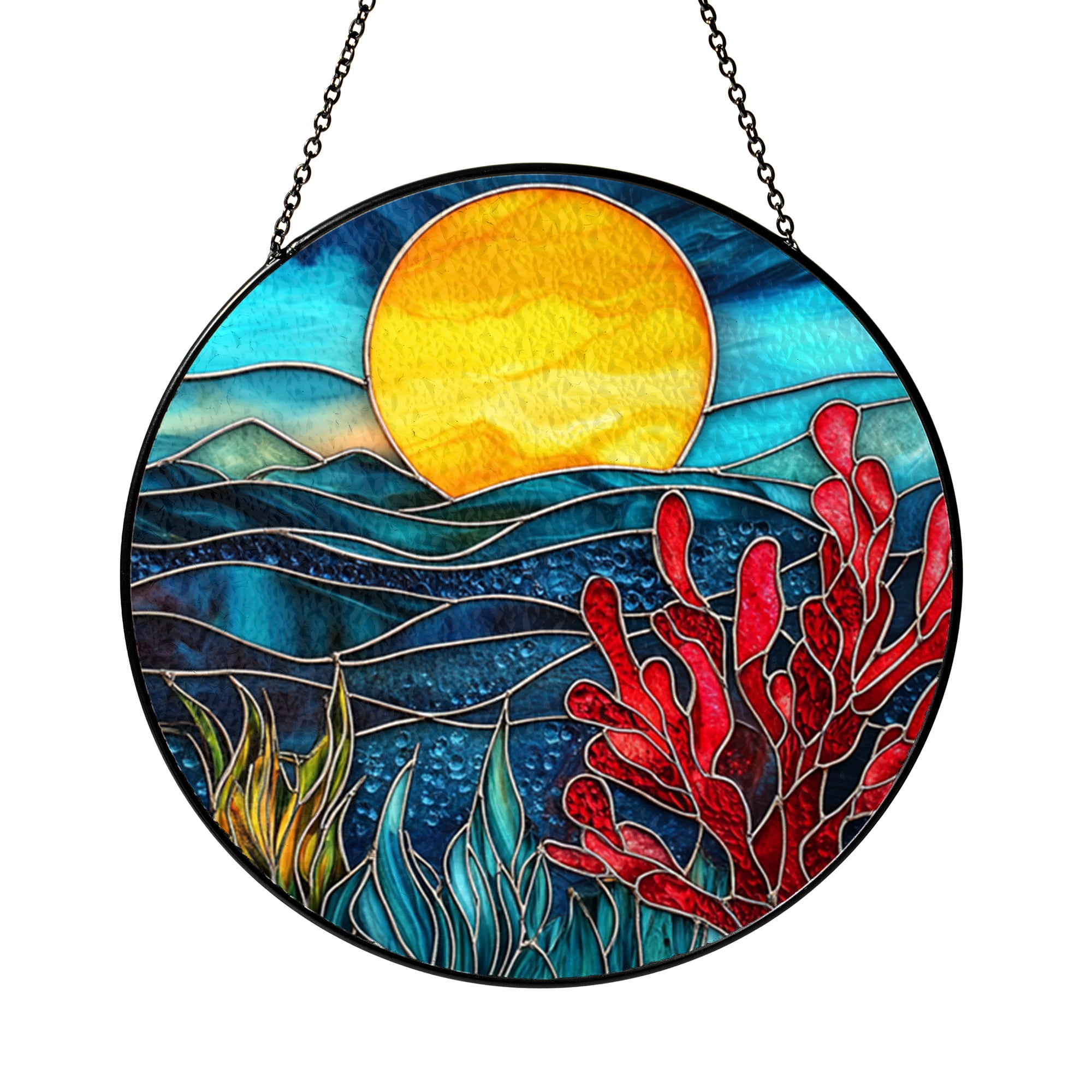 Coral Reef Stained Glass Suncatcher Round Window Hanging Ocean Scene ...