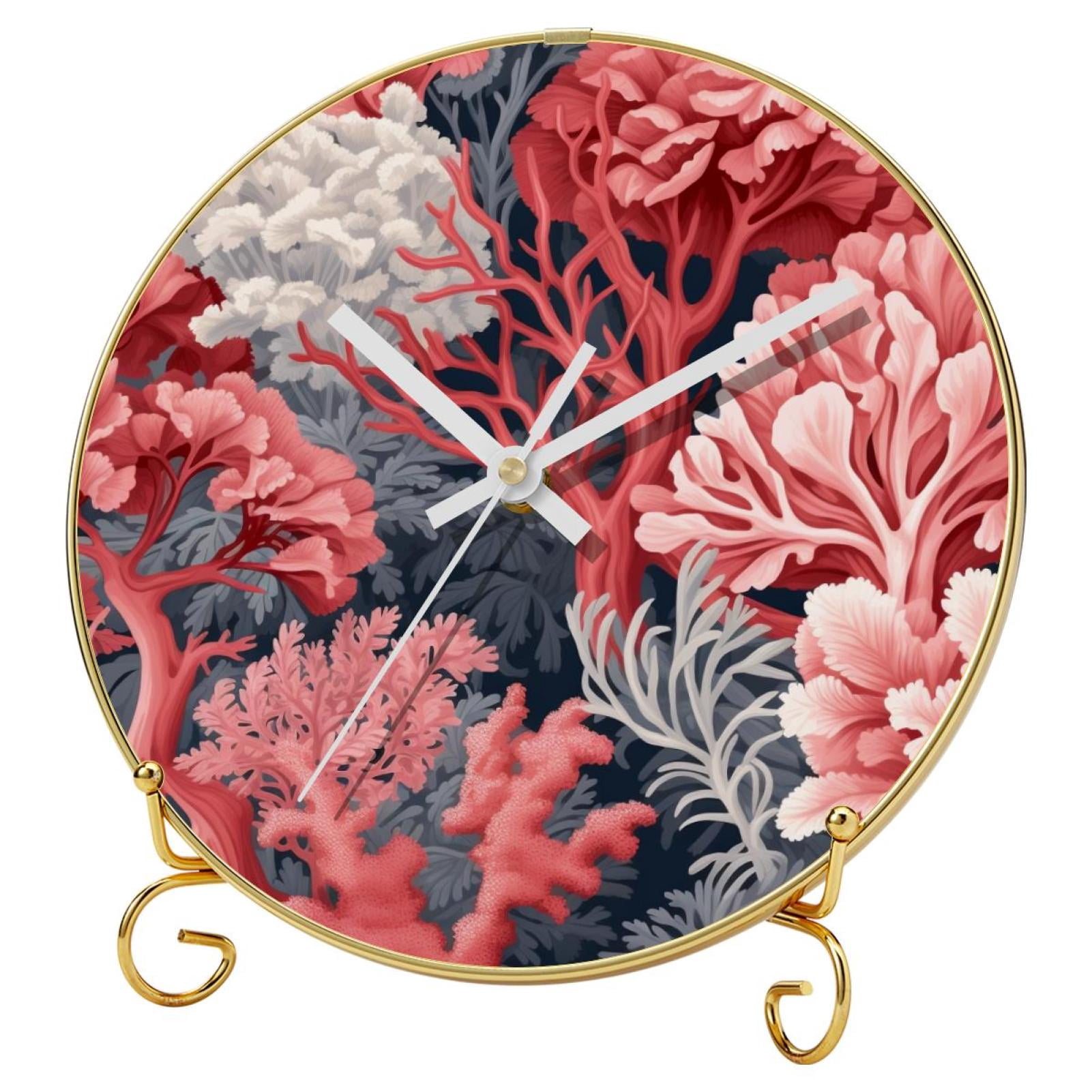 Coral Round Printed Wall Clocks with Hooks and Gold Stand, Silent Non ...