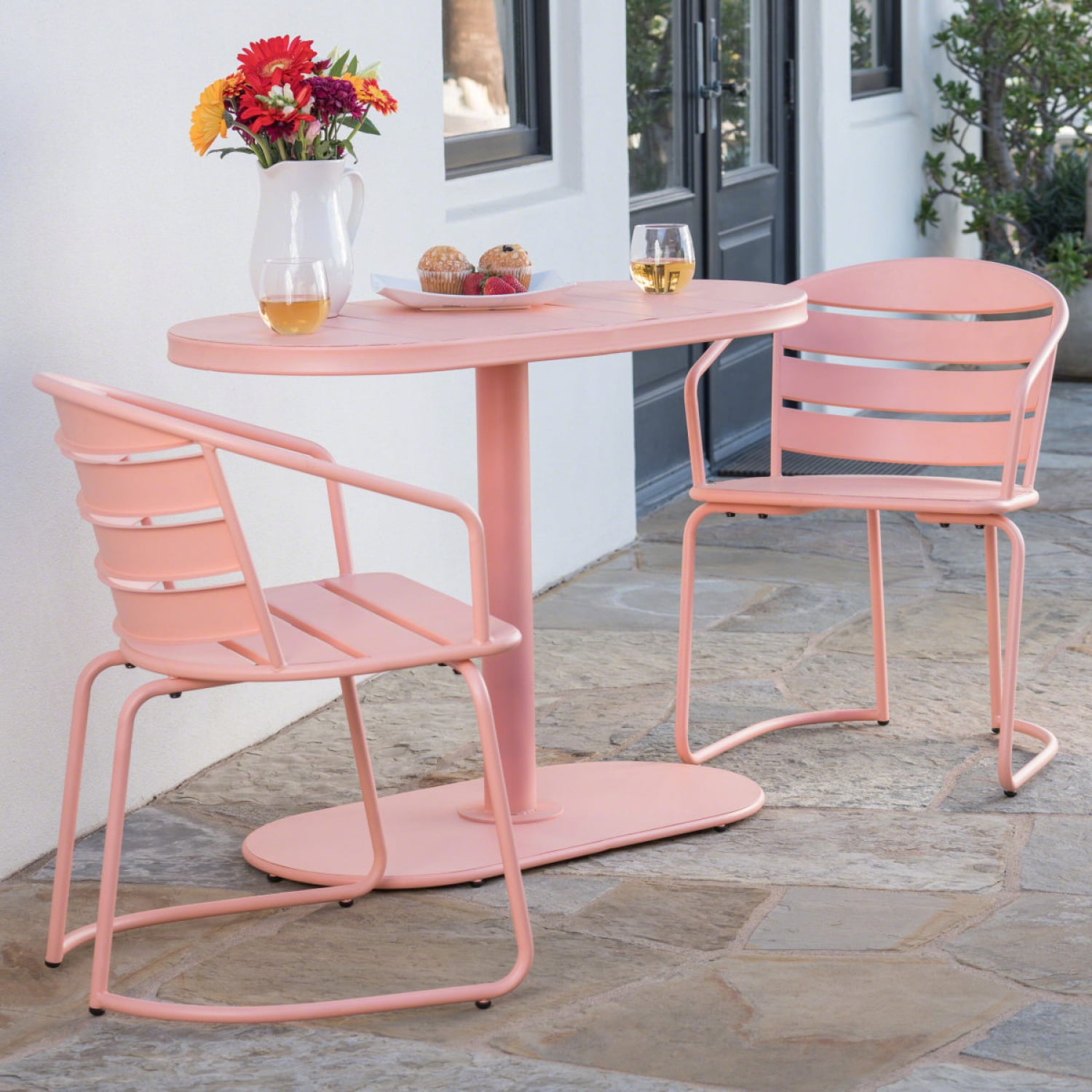 Coral SANTA MONICA 3 PC Bistro Set Iron Curved Silhouette Slat Seating ...