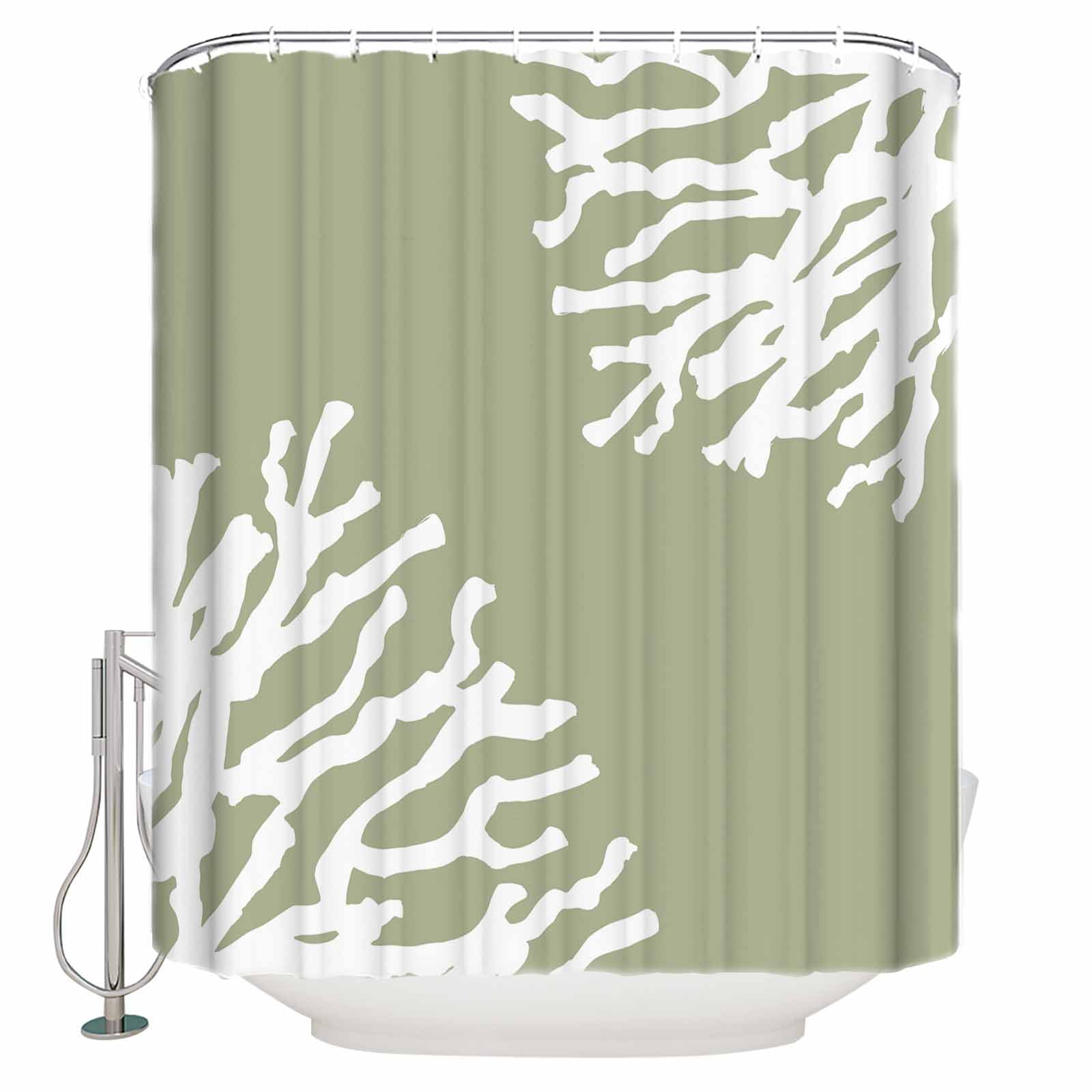 Coral Sage Green Bathroom Shower Curtains with 12 Hooks Polyester ...
