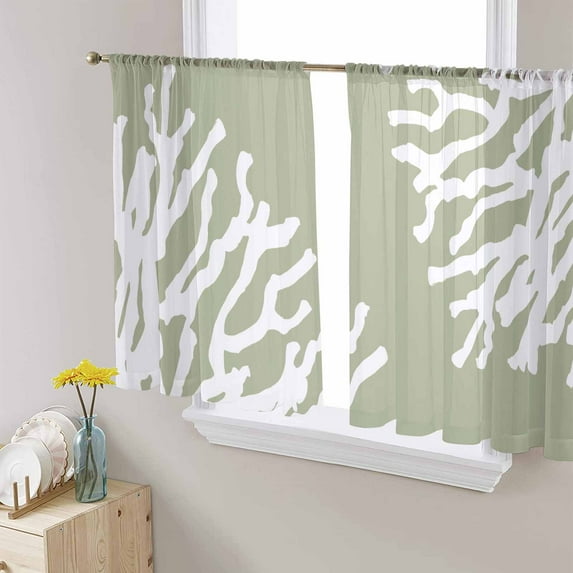 Coral Sage Green Sheer Curtains 45 Inch Length 2 Panels Set for Living ...