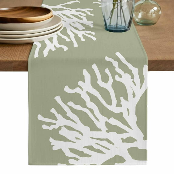 Coral Sage Green Table Runner, Coastal White Ocean Marine Nautical Beach Cotton Linen Table ...