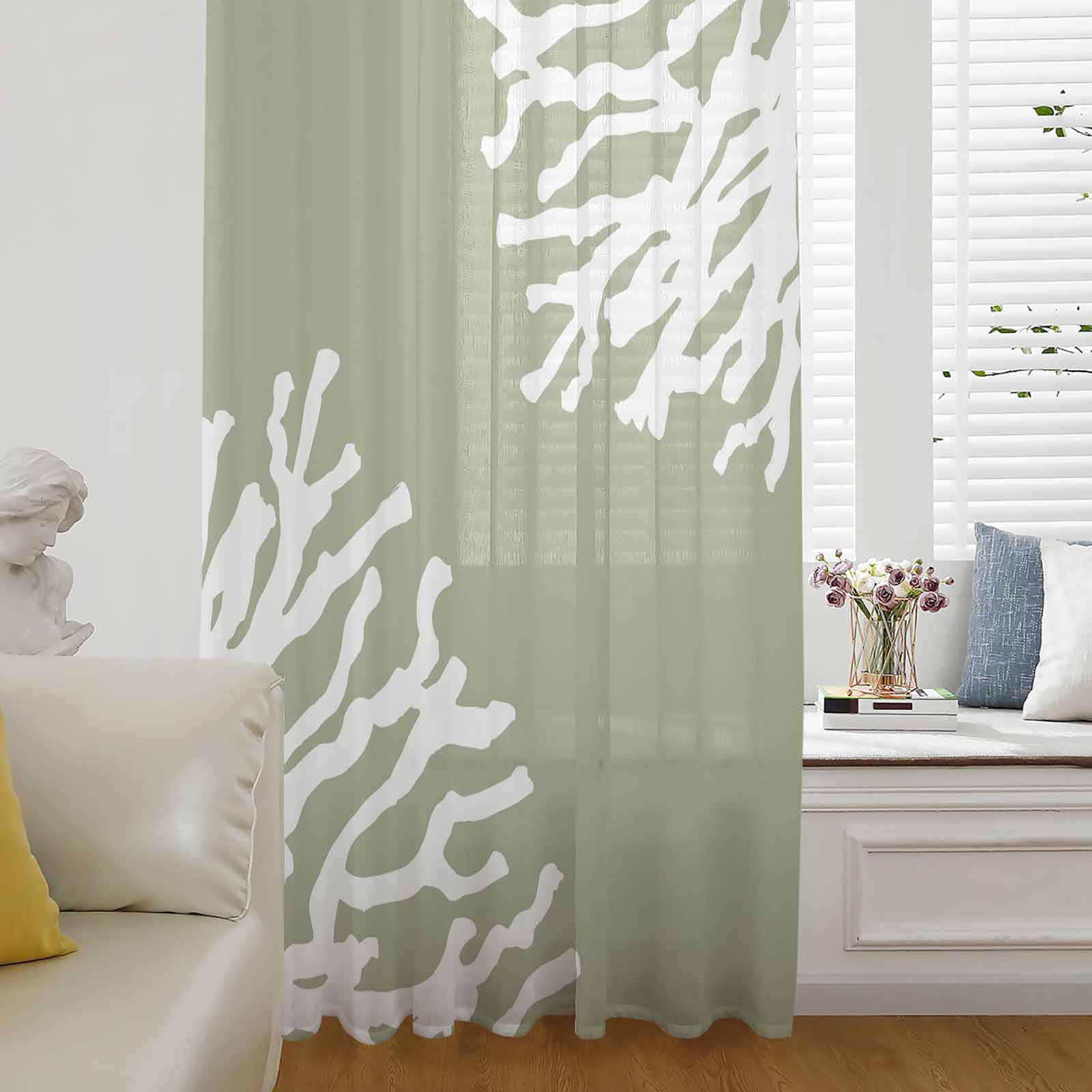 Coral Sage Green Window Curtain 108 Inches Long,Coastal White Ocean ...