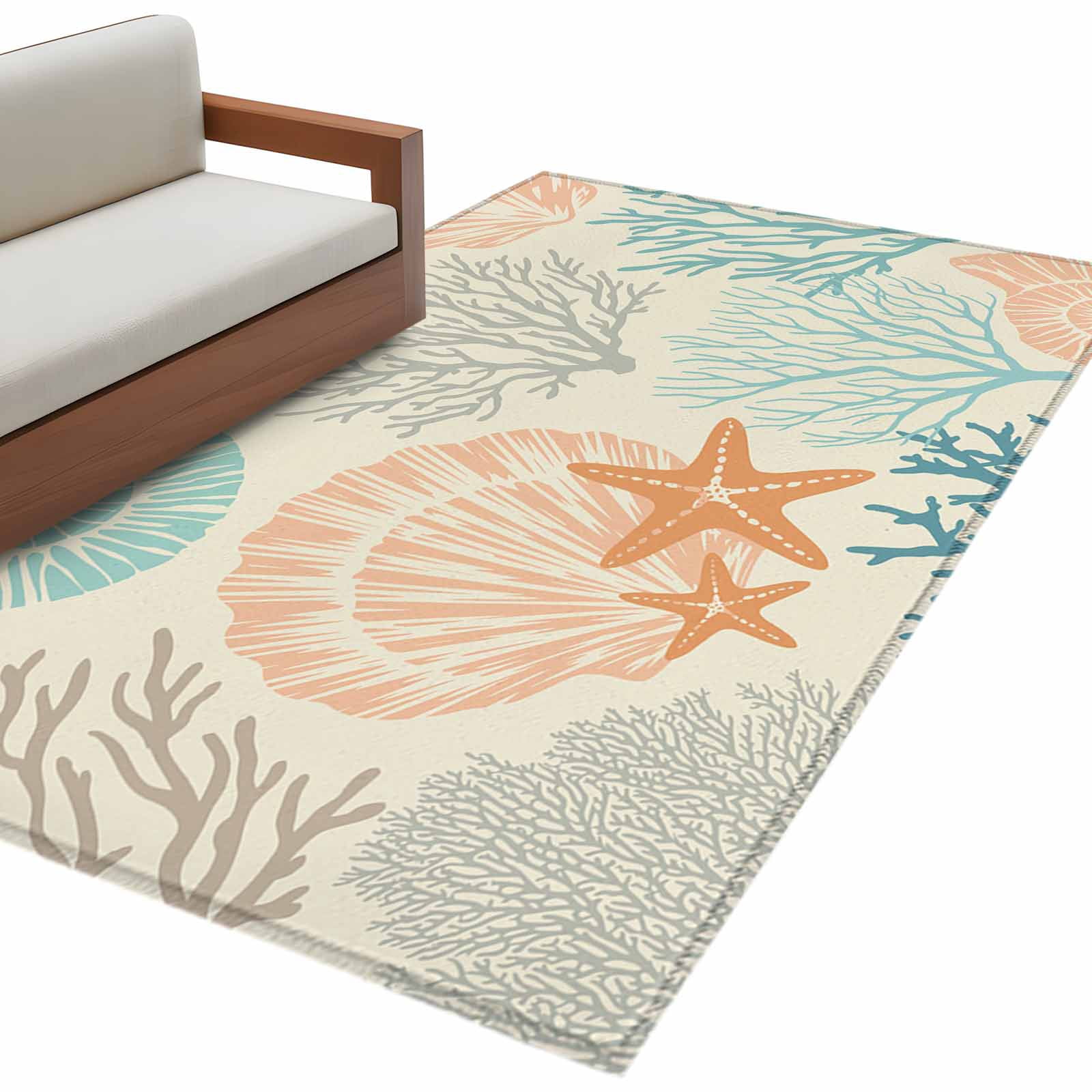Coral Sea Snail Starfish Area Rug 3x5ft Green Orange Costal Pattern Non ...