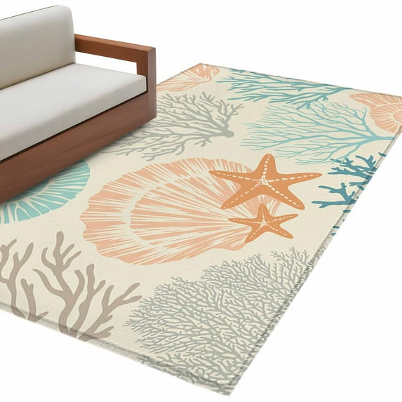 Coral Sea Snail Starfish Area Rug 4x6ft Green Orange Costal Pattern Non ...