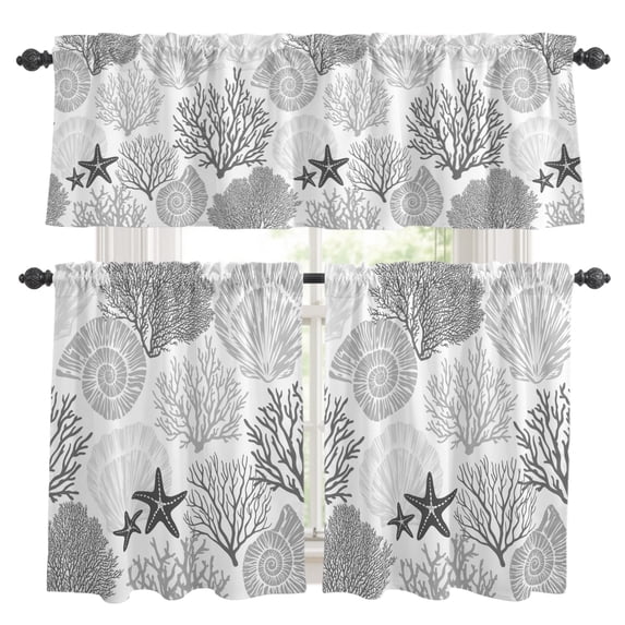 Coral Sea Snail Starfish Kitchen Curtains Set for Windows, Grey Black ...