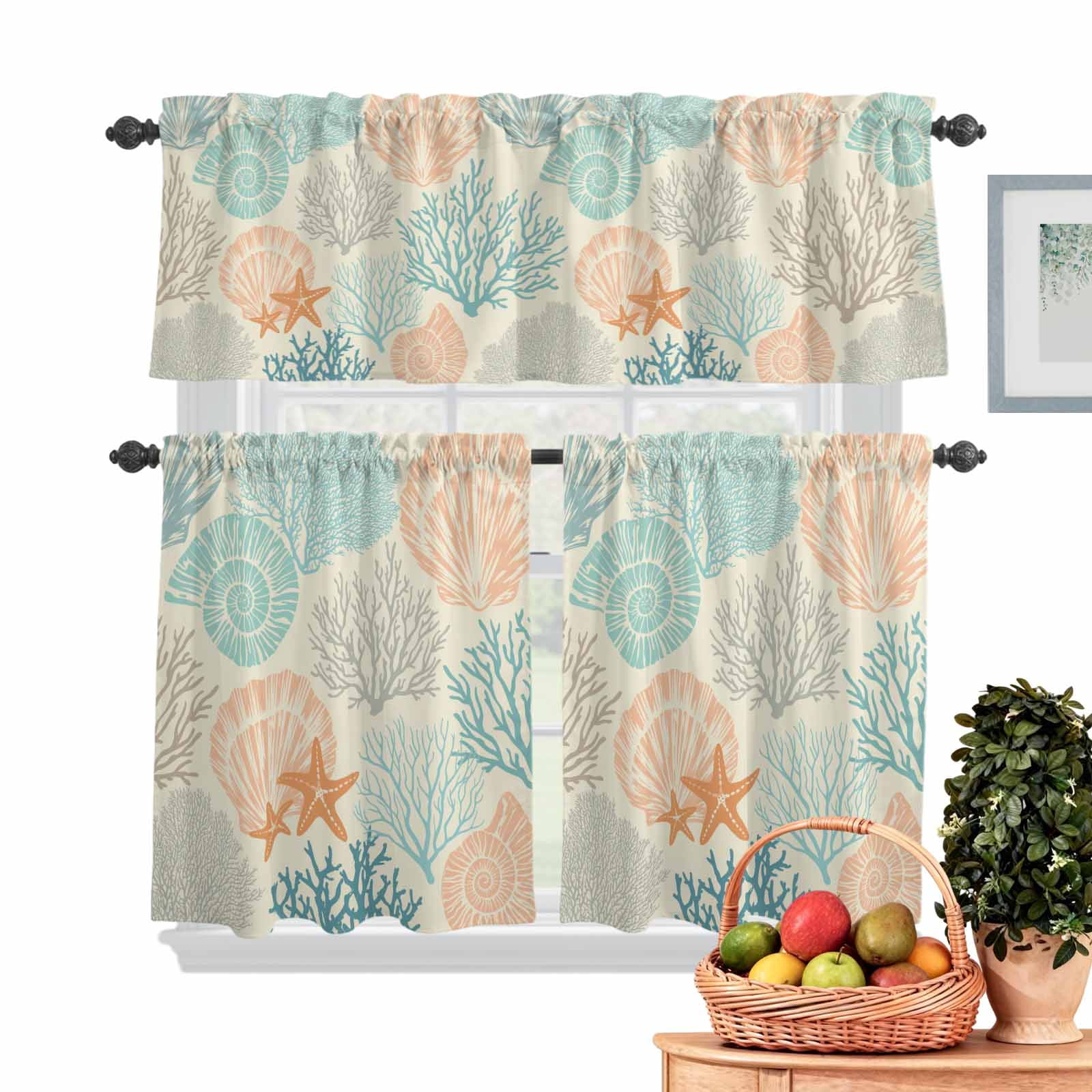 Coral Sea Snail Starfish Kitchen Curtains Valances 3 Piece Set, Green ...