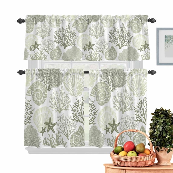 Coral Sea Snail Starfish Kitchen Curtains Valances 3 Piece Set, Green ...