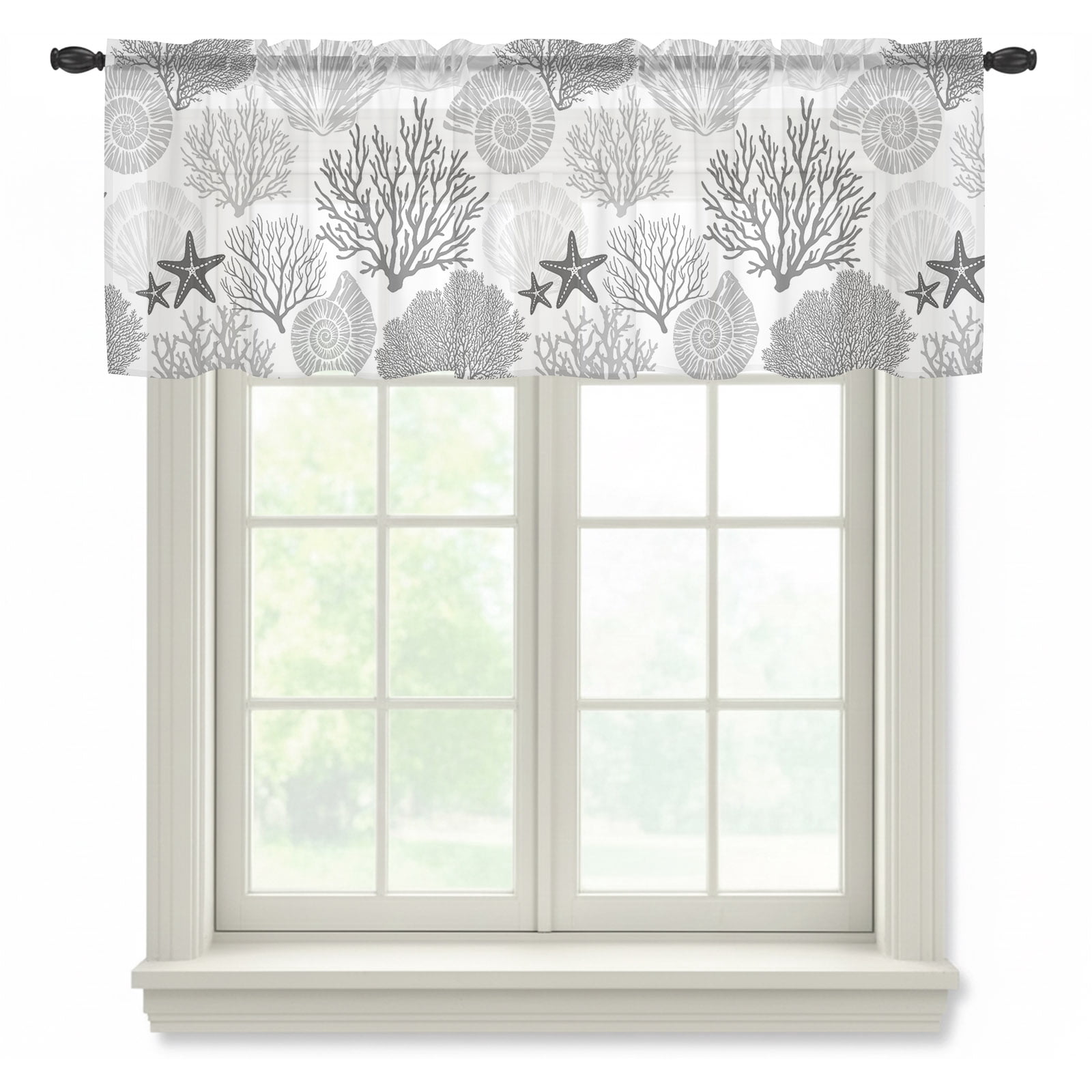 Coral Sea Snail Starfish Semi Sheer Valance Curtains, Grey Black Costal ...