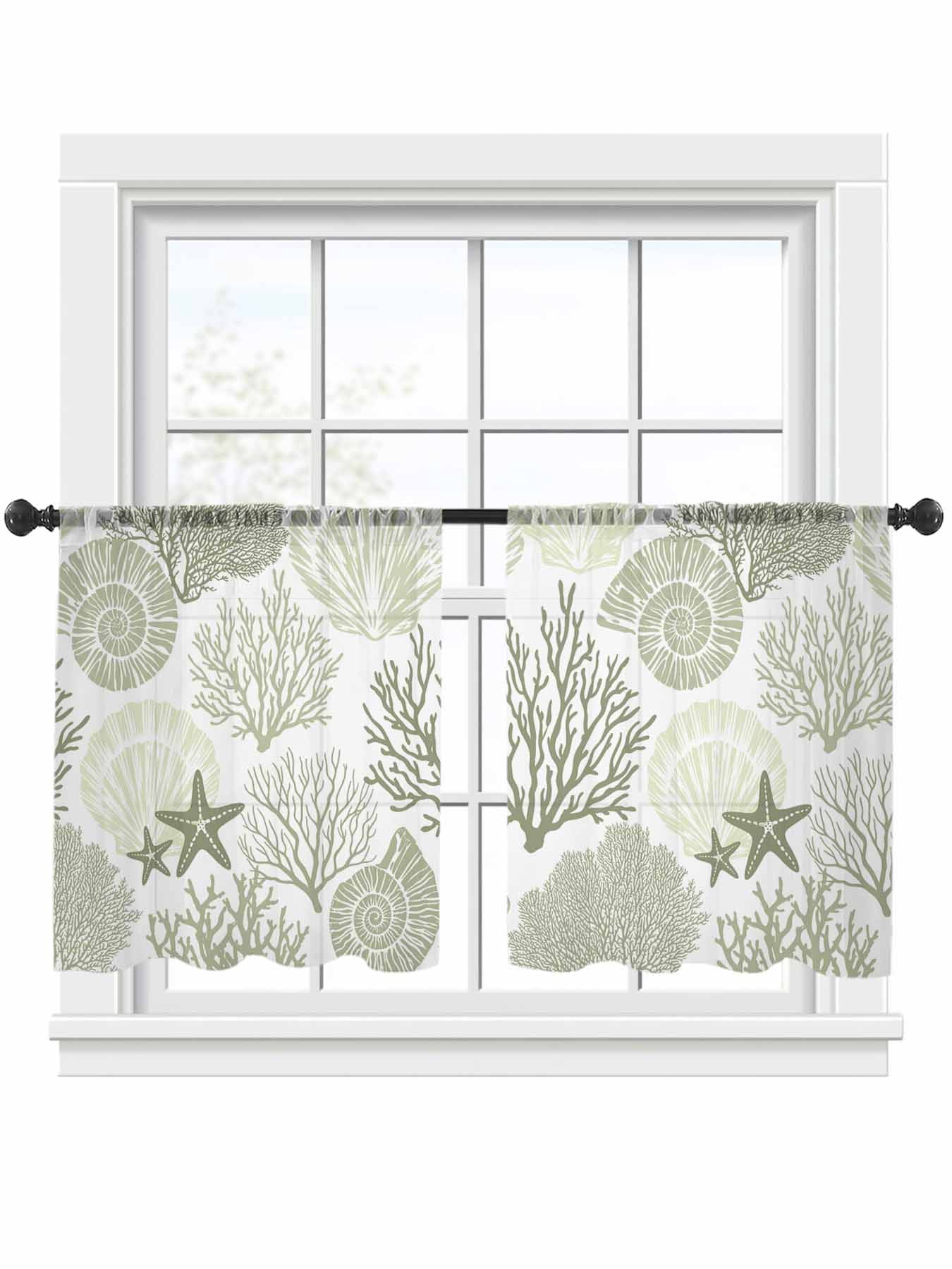 Coral Sea Snail Starfish Sheer Curtains 2 Panels Set Green White Costal ...