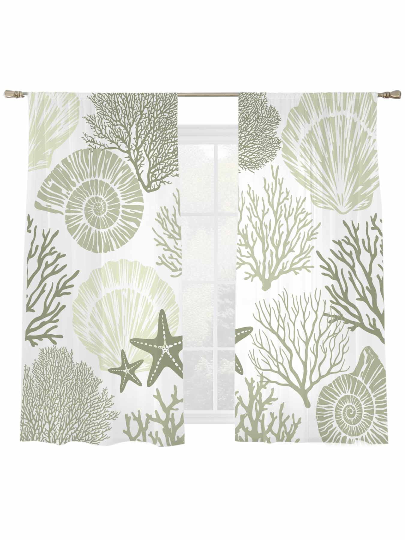 Coral Sea Snail Starfish Sheer Curtains 2 Panels Set Green White Costal ...