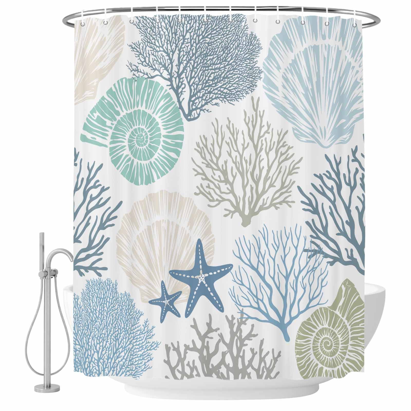 Coral Sea Snail Starfish Shower Curtain Set with Hooks, Green Blue ...