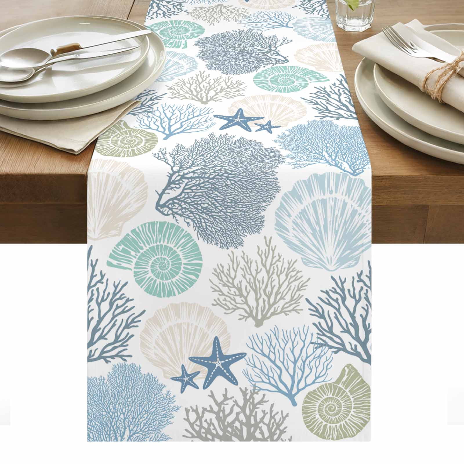 Coral Sea Snail Starfish Table Runner 13 x 48 Inch, Green Blue Costal ...