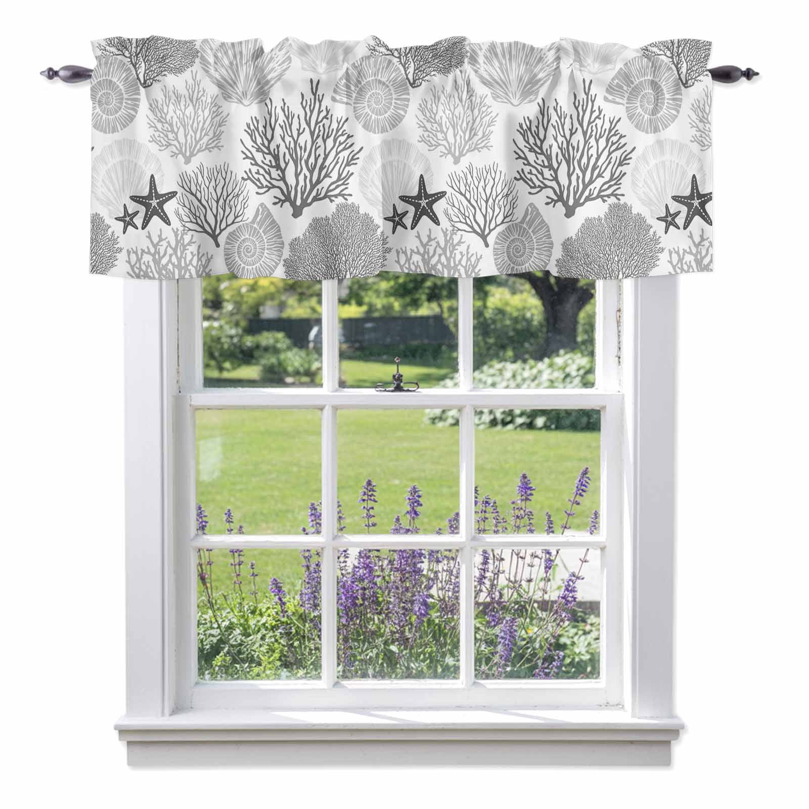 Coral Sea Snail Starfish Valance Curtains for Windows, Grey Black ...