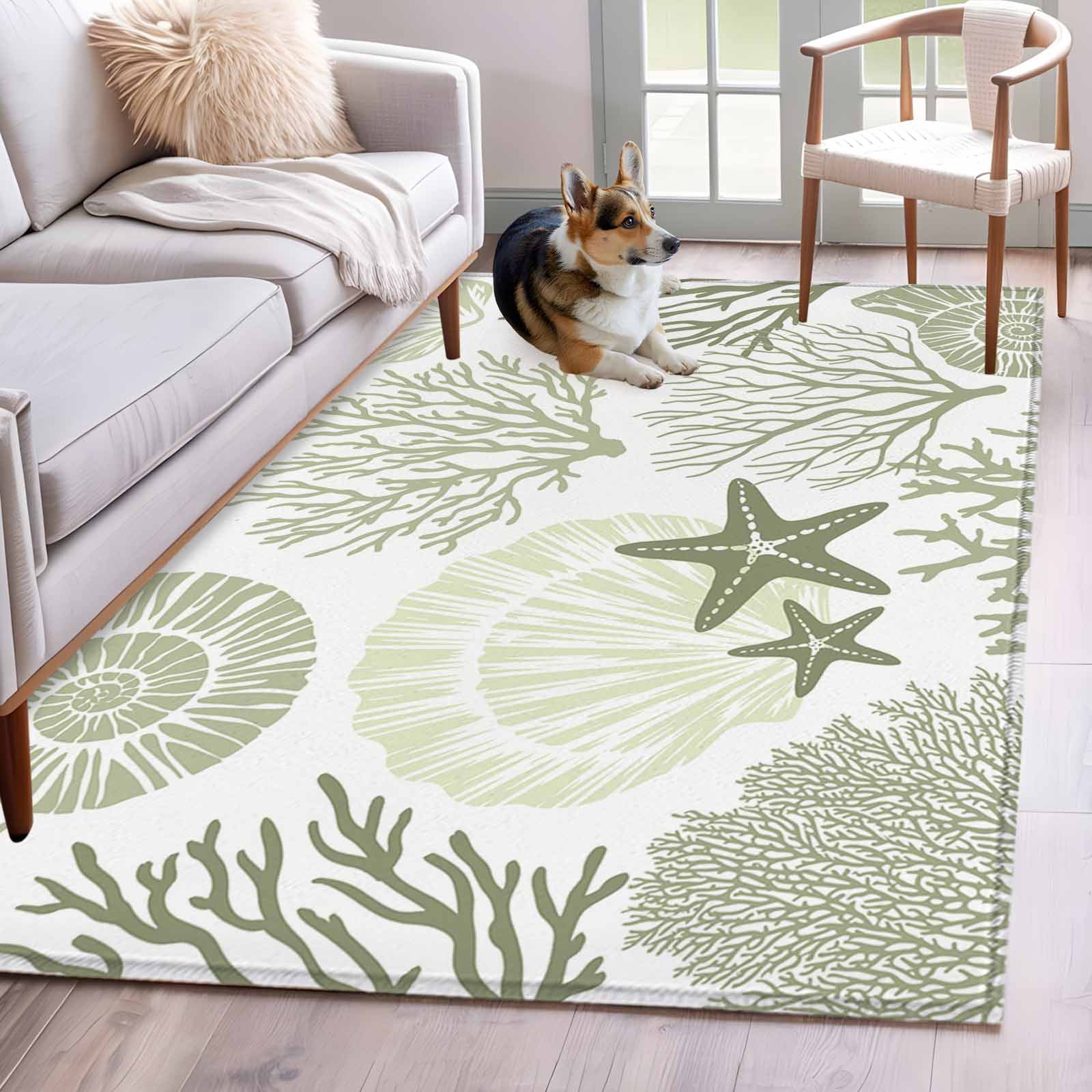 Coral Sea Snail Starfish Washable Area Rugs 2.7'x5', Green White Costal ...